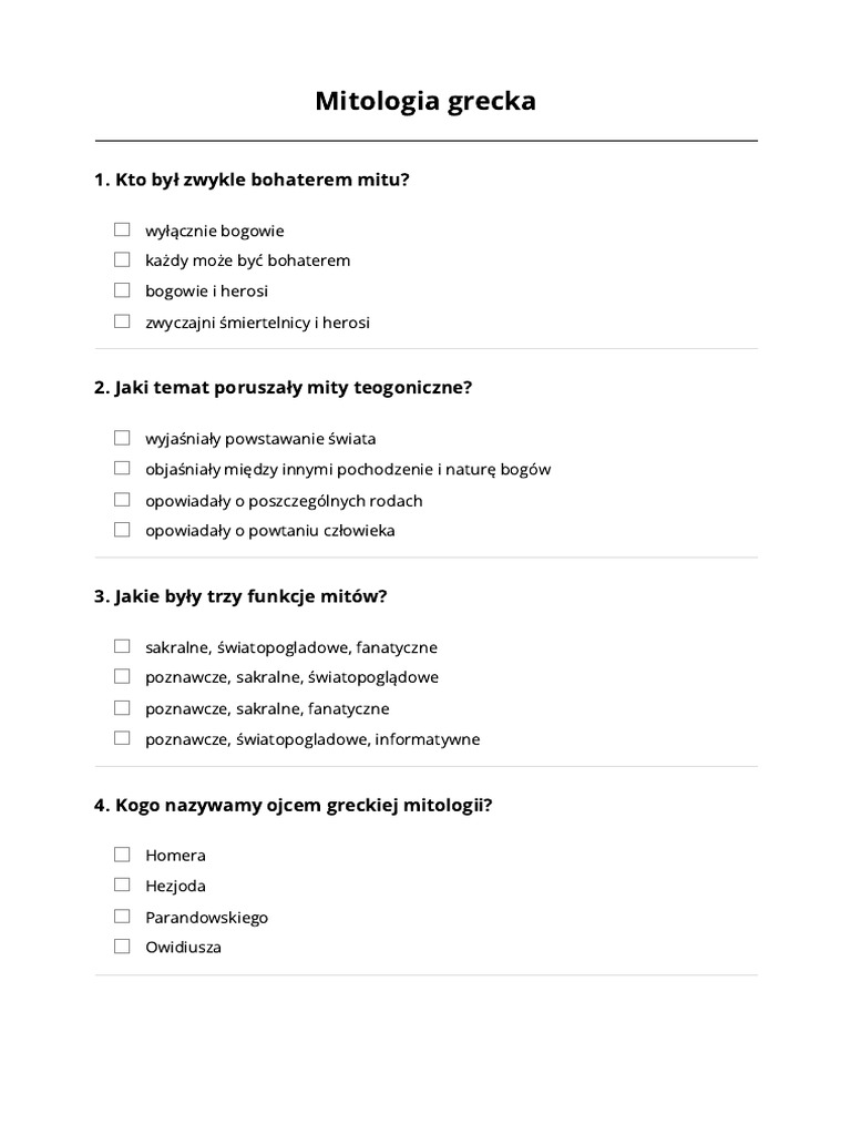 Mitologia Grecka - Test - Język Polski | PDF