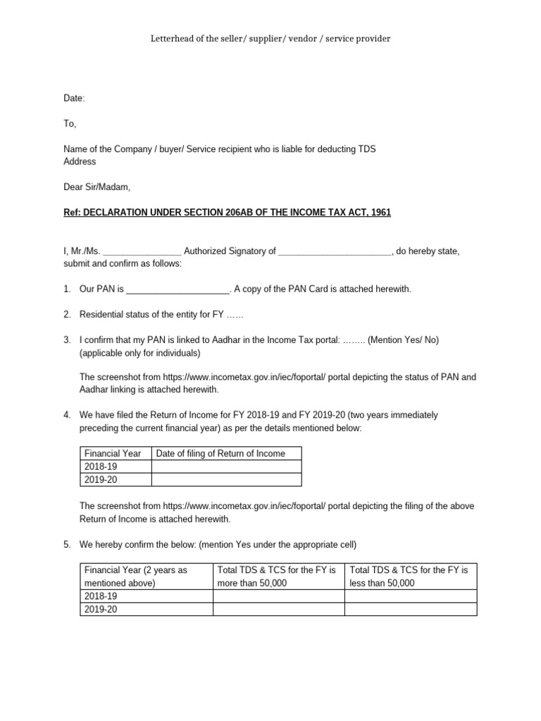 Annexure 1 Declaration 206AB of IT Act 1 | PDF