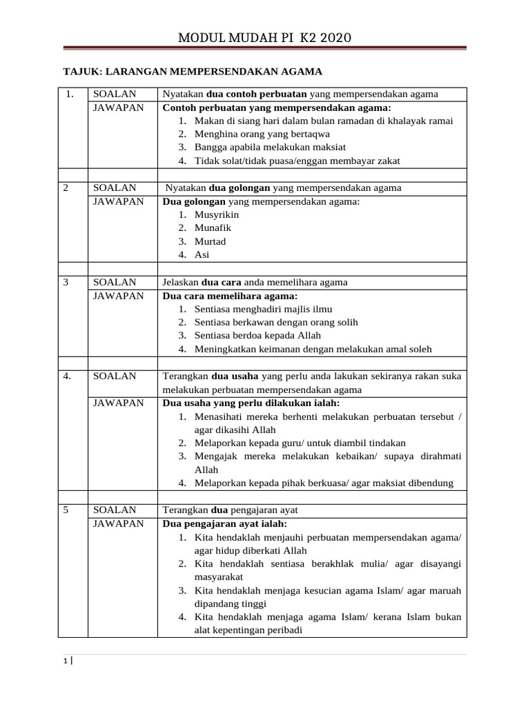 NOTA PENDIDIKAN ISLAM SPM 2020 kertas 2 | PDF
