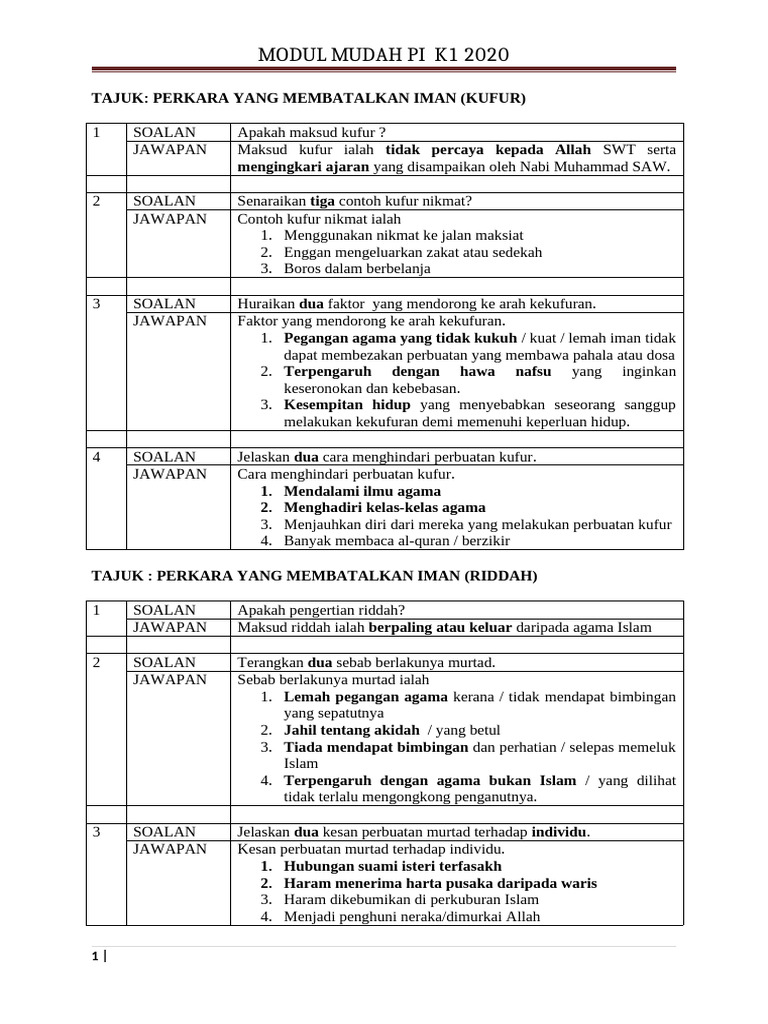 NOTA PENDIDIKAN ISLAM SPM 2020 kertas 1 | PDF