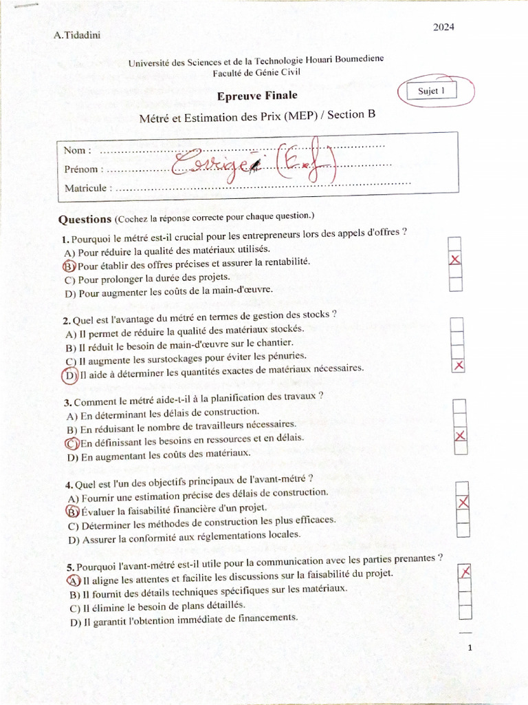 MEP Corrigé Sujet 1 | PDF