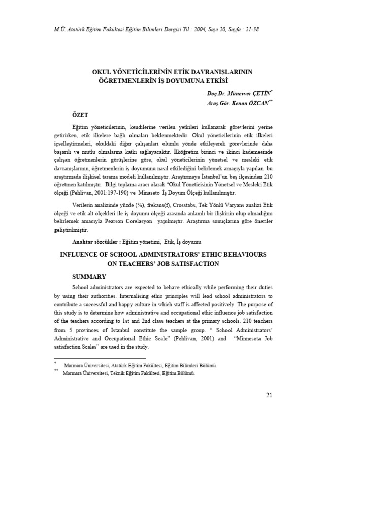 Okul y Net C Ler N N Et K Davrani Larinin Retmenler N Doyumuna Etk S ( | PDF