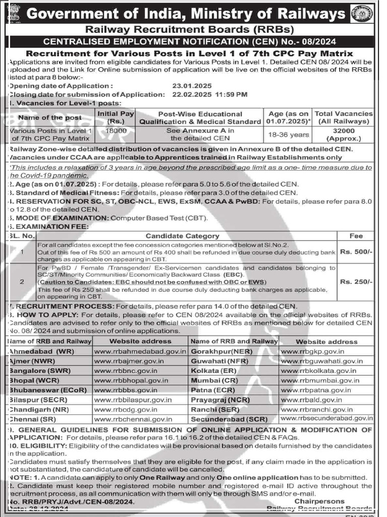RRB Group D Recruitment 2024 Short Notifications | PDF