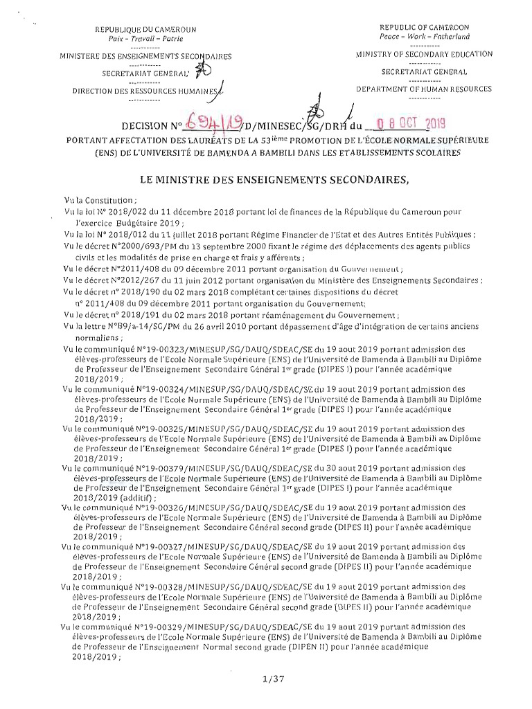 Affectation Des Lauréats ENS Bambili 8 Oct 2019 | PDF