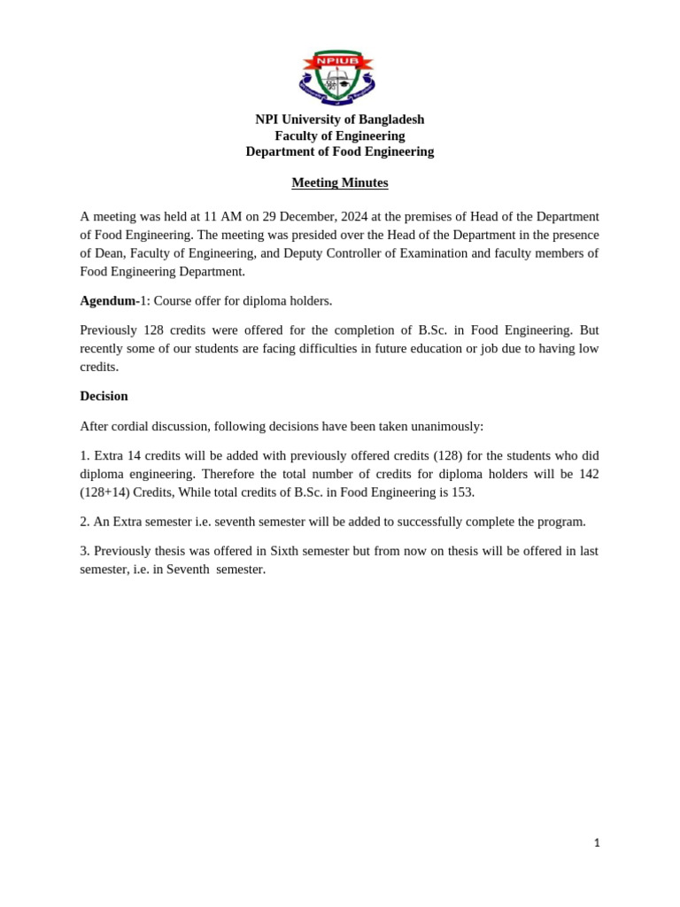 Meeting Minutes About Thesis Project Defense and Industrial Attachment ...