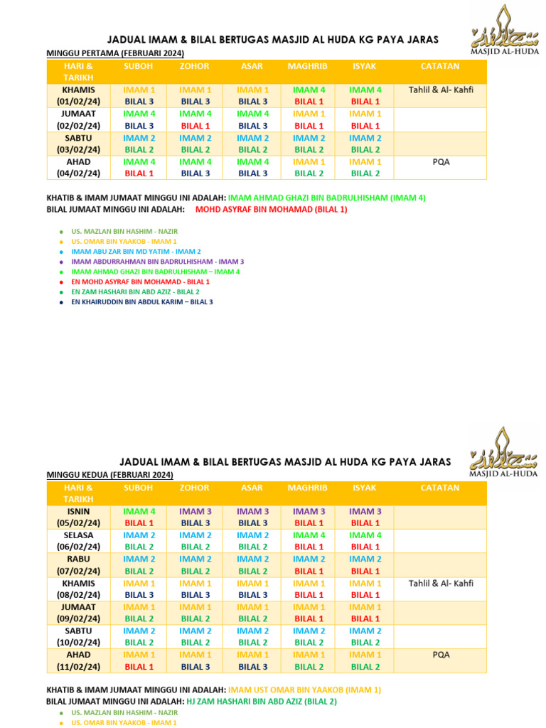 Jadual Imam Muadzin 02 - Februari 2024 V2 | PDF
