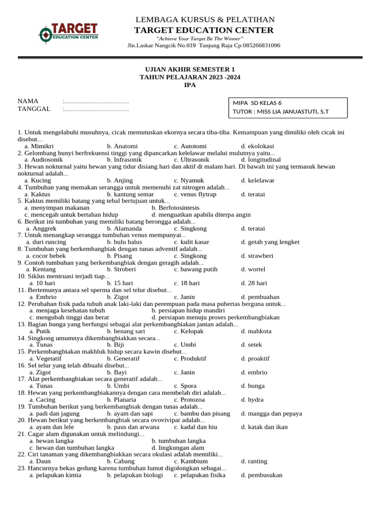 UJIAN SEMESTER IPA KELAS 6 (PILGAN ESSAY) | PDF