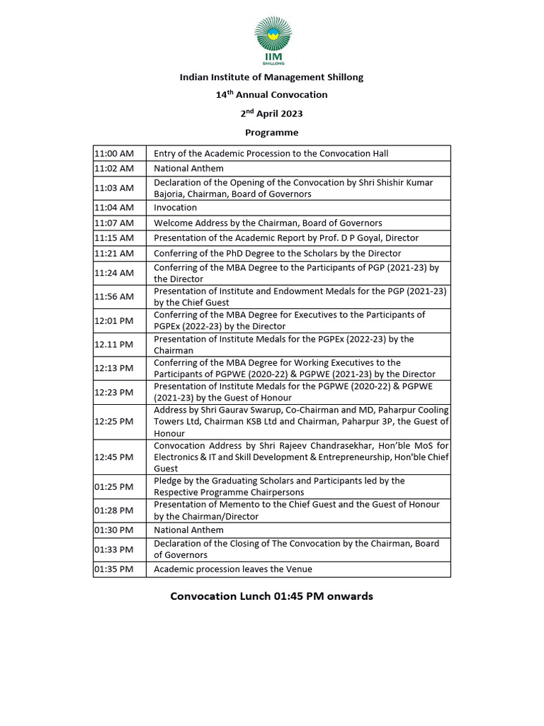 IIM Shillong 14th Annual Convocation 2023 | PDF