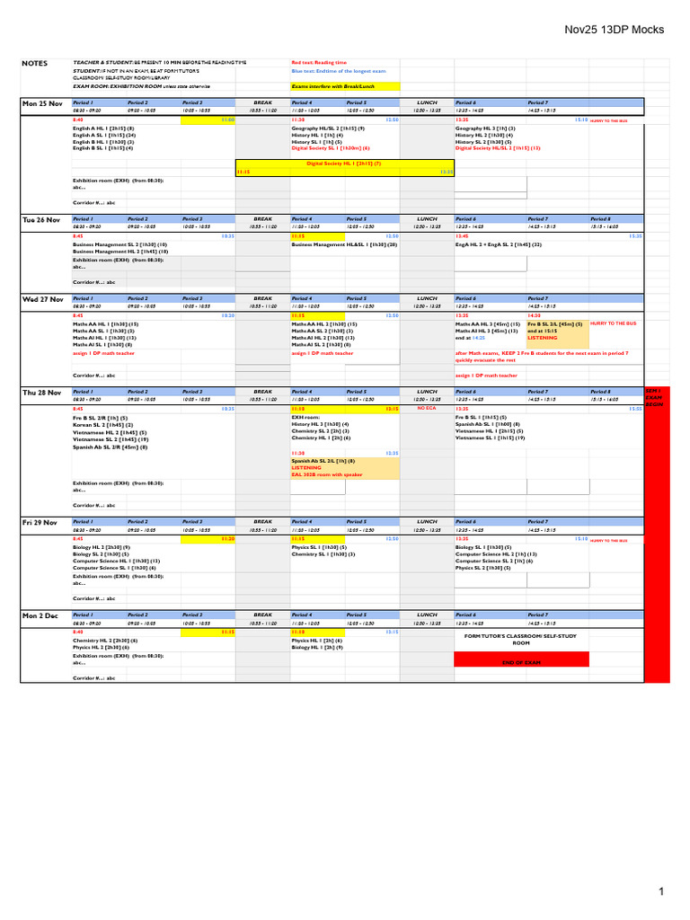 Y7-13 Sem1 Dec 2024 Exam Invigilation - Nov25 13DP Mocks | PDF