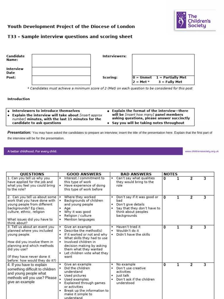t33 Interview Questions and Scoring Sheet Sample | PDF | Learning | Cognition