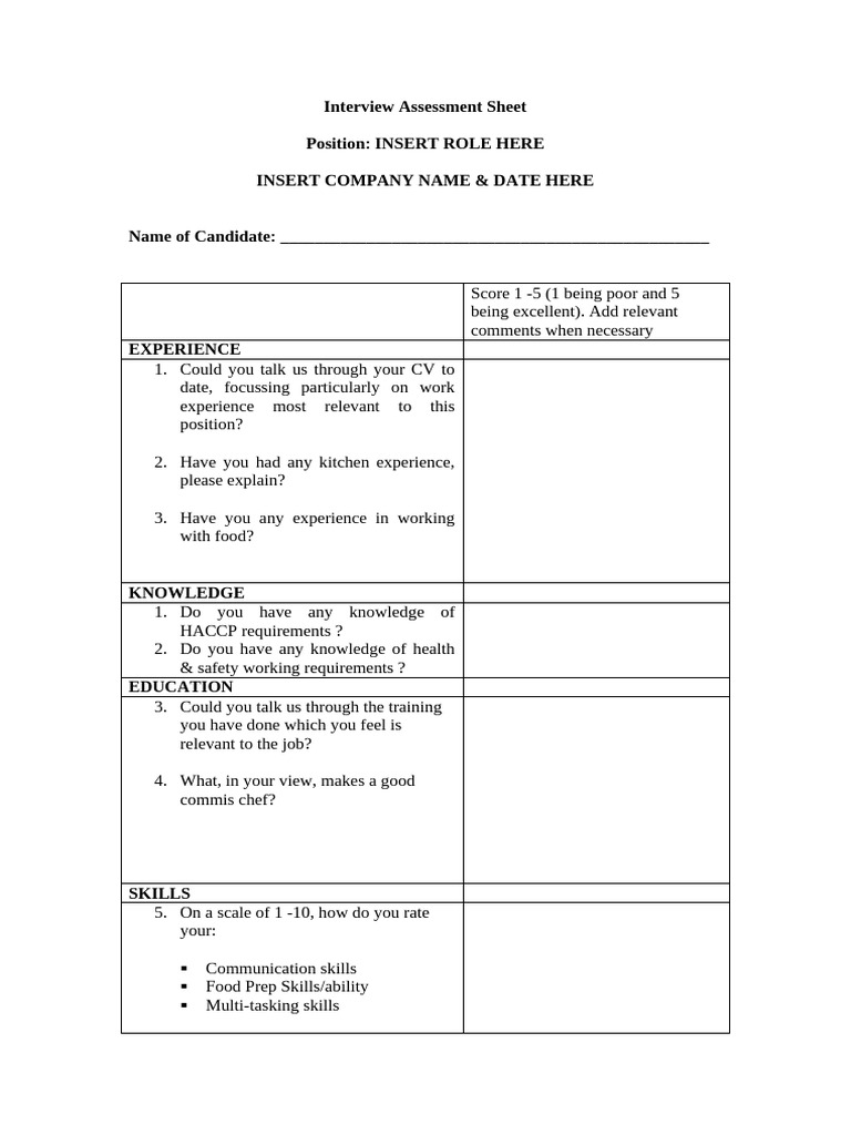 Sample Interview Assessment Sheet | PDF | Chef | Learning