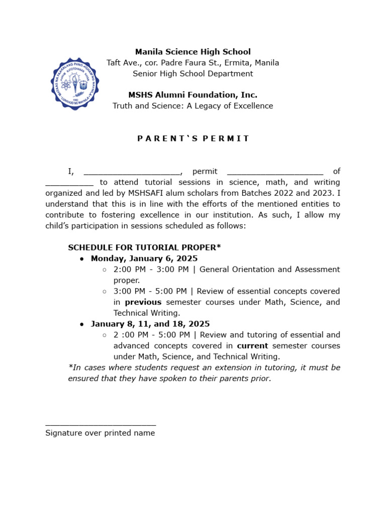 'Truth and Science' Free Tutorial Program Parent's Permit | PDF