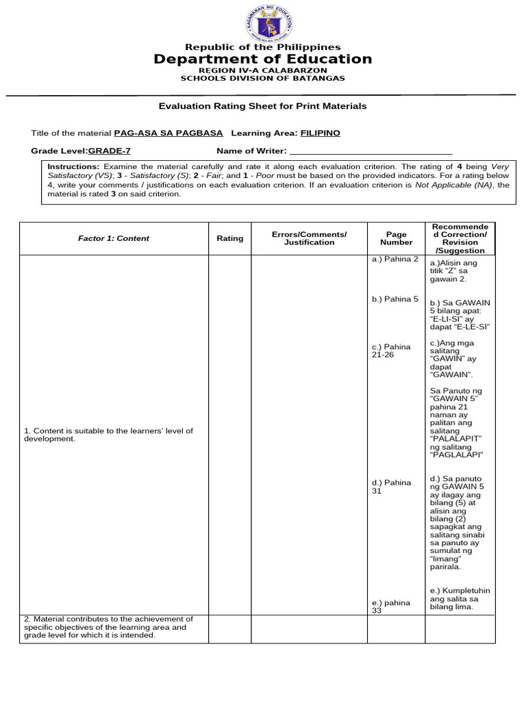 Evaluation of PAG-ASA SA PAGBASA Material | PDF | Creativity | Critical ...