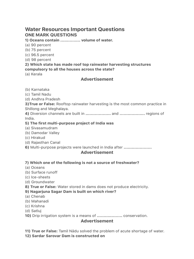 Water Resources Important Questions | PDF | Groundwater | Hydrology