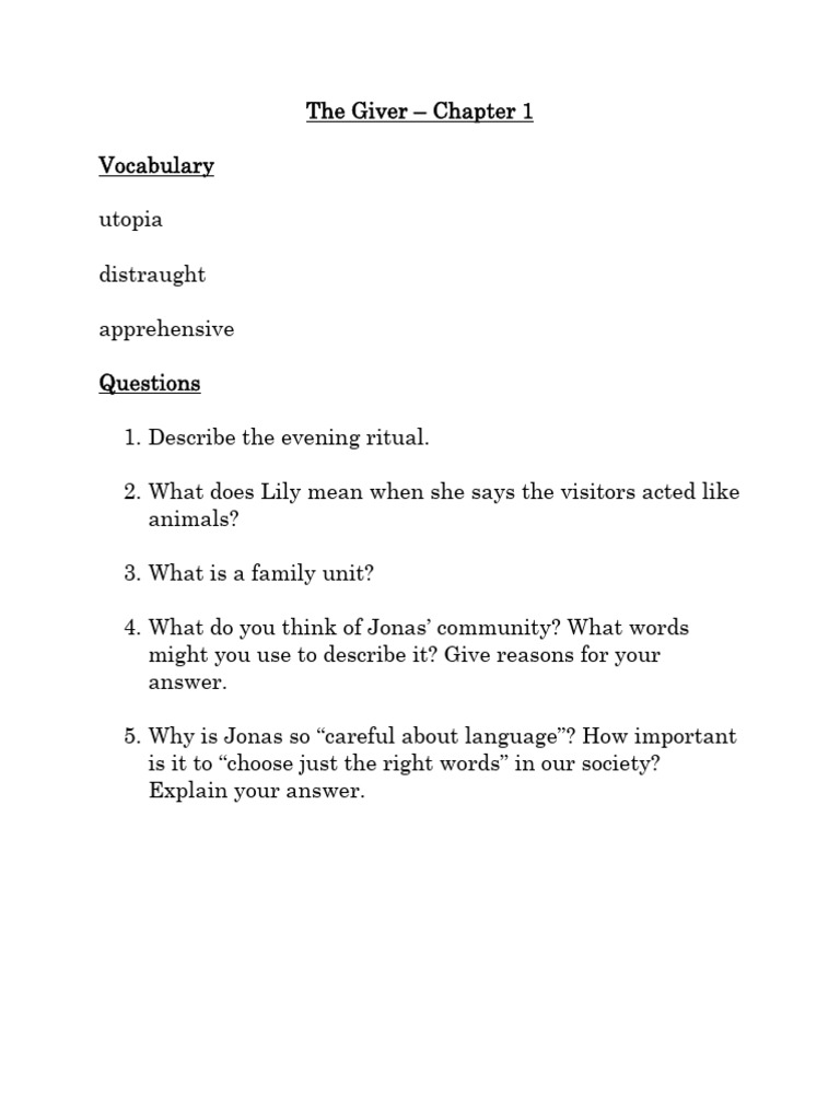 The Giver - Comprehension Questions | PDF | The Giver