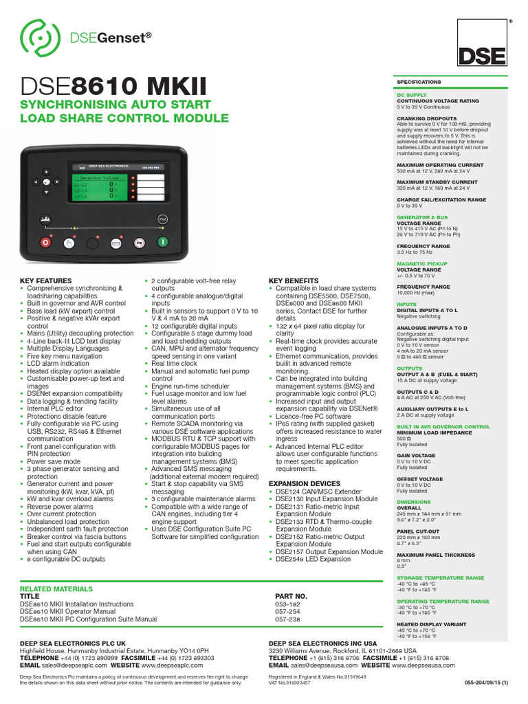 SYNC Controller DSE8610 Data Sheet | PDF | Programmable Logic Controller | Mains Electricity
