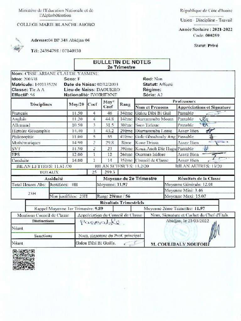 Bulletin Deuxieme Trimestre Tle Cisse | PDF