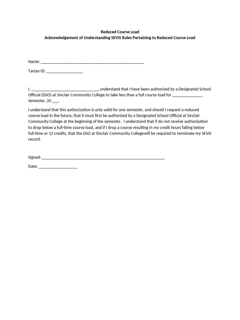 Reduced Course Load - Letter of Acknowledgement by Student | PDF