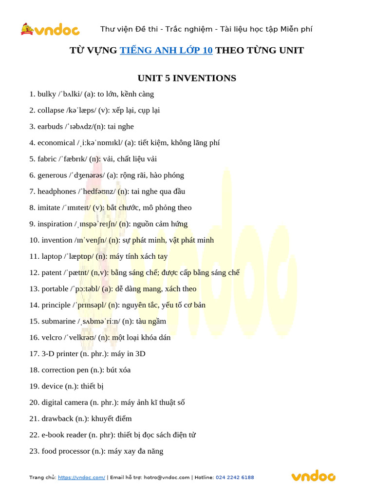 tu-vung-tieng-anh-lop-10-unit-5-inventions | PDF