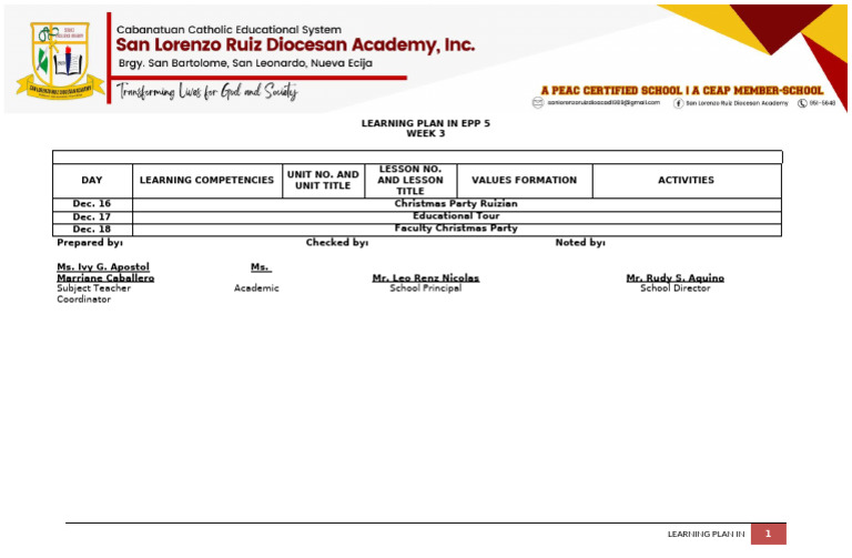 EPP 5 Week 3 Learning Plan | PDF
