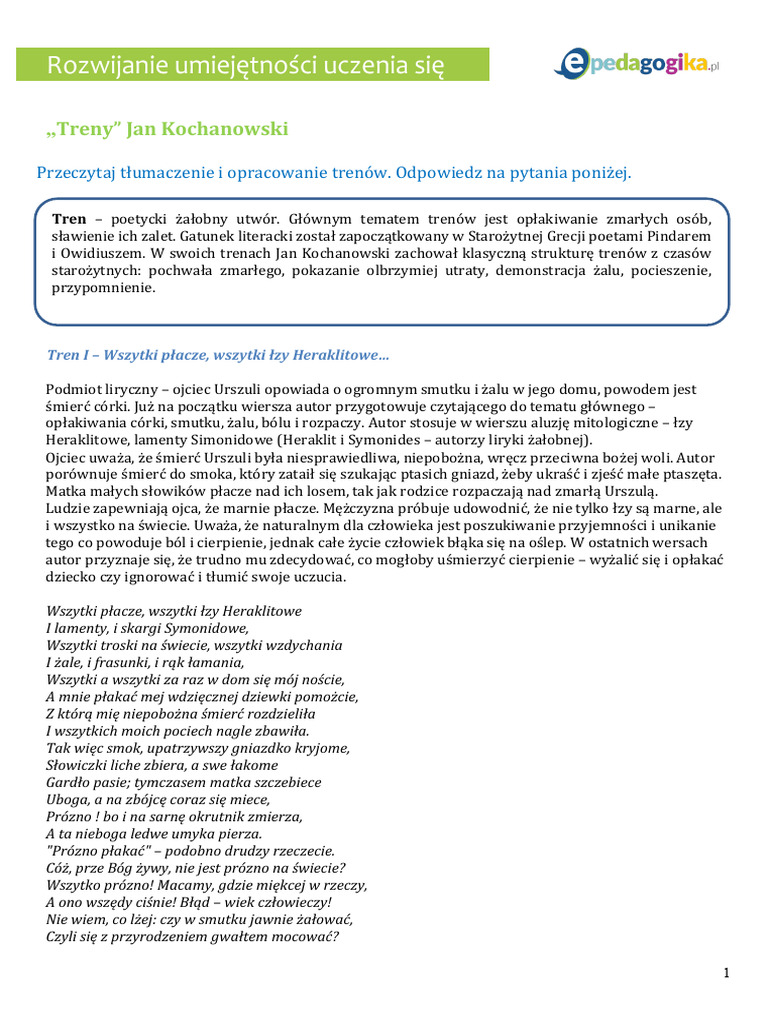 Treny Jana Kochanowskiego Wersja Polska | PDF