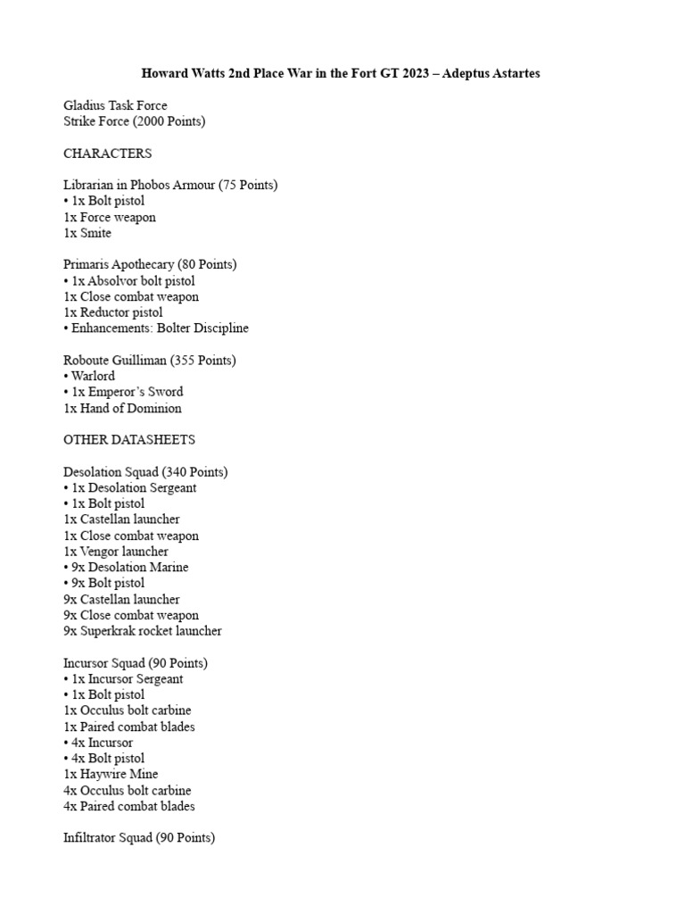 Howard Watts 2nd Place War in The Fort GT 2023 - Adeptus Astartes | PDF