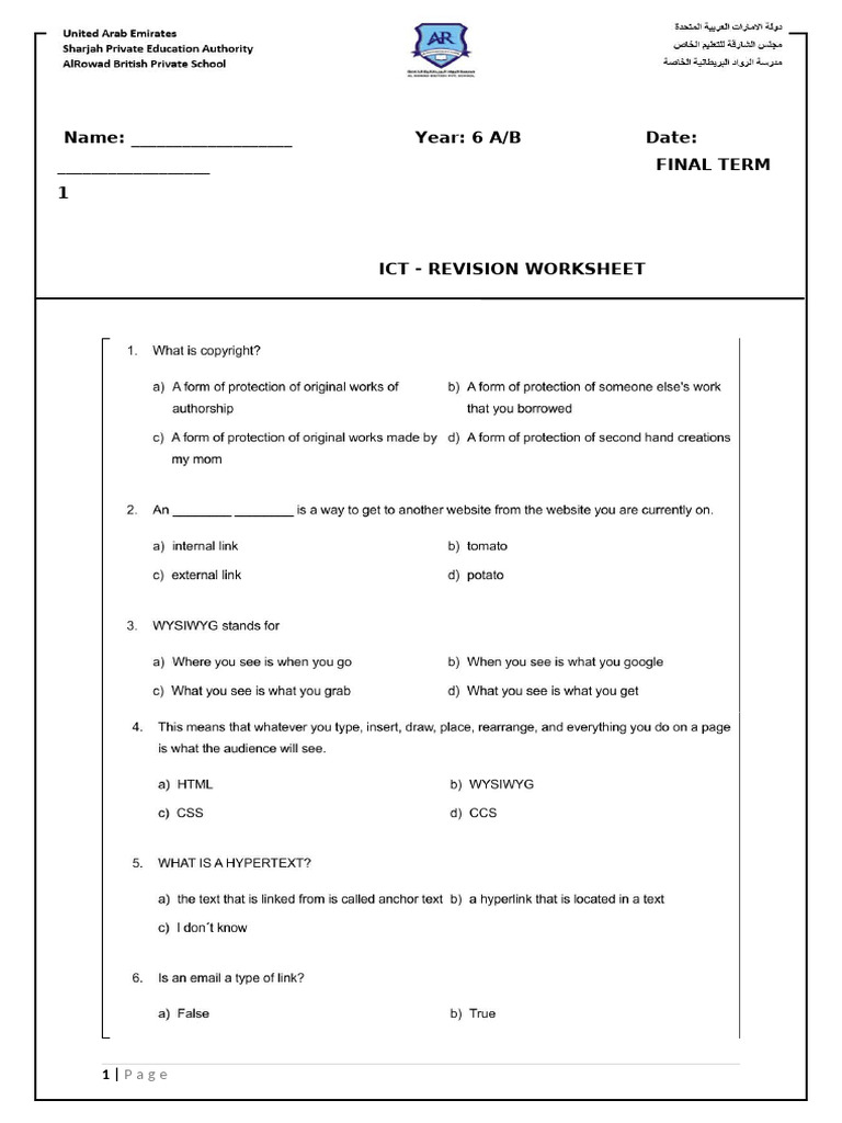 Year 6 ICT Revision Worksheet | PDF
