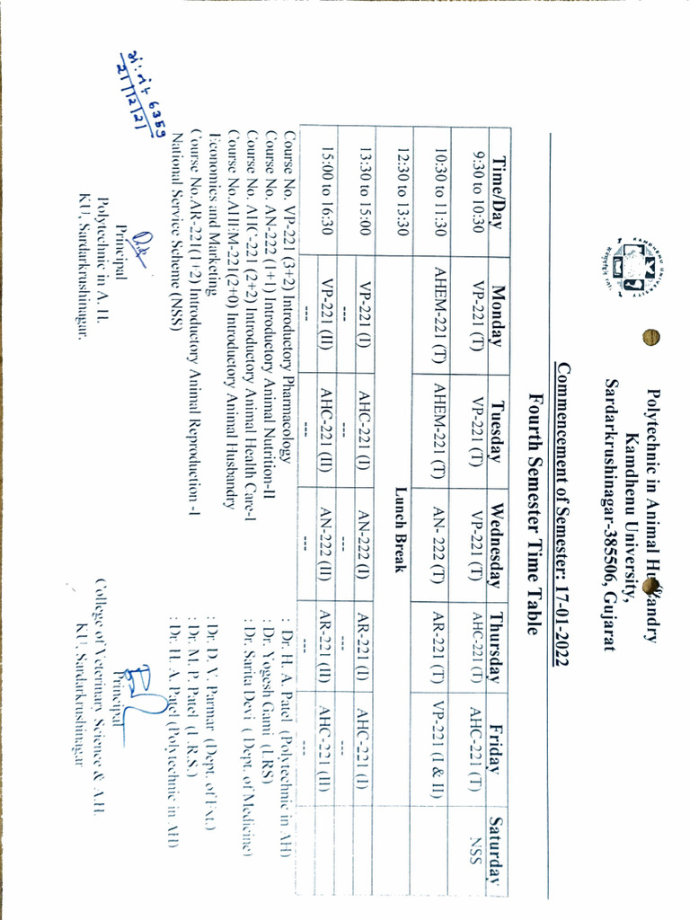 Fourth Semester Time Table | PDF