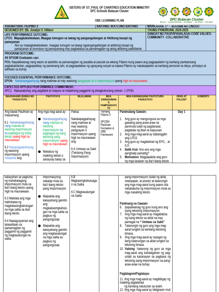 OBE LP FILIPINO 3 24-25 1st QTR Week 6 | PDF