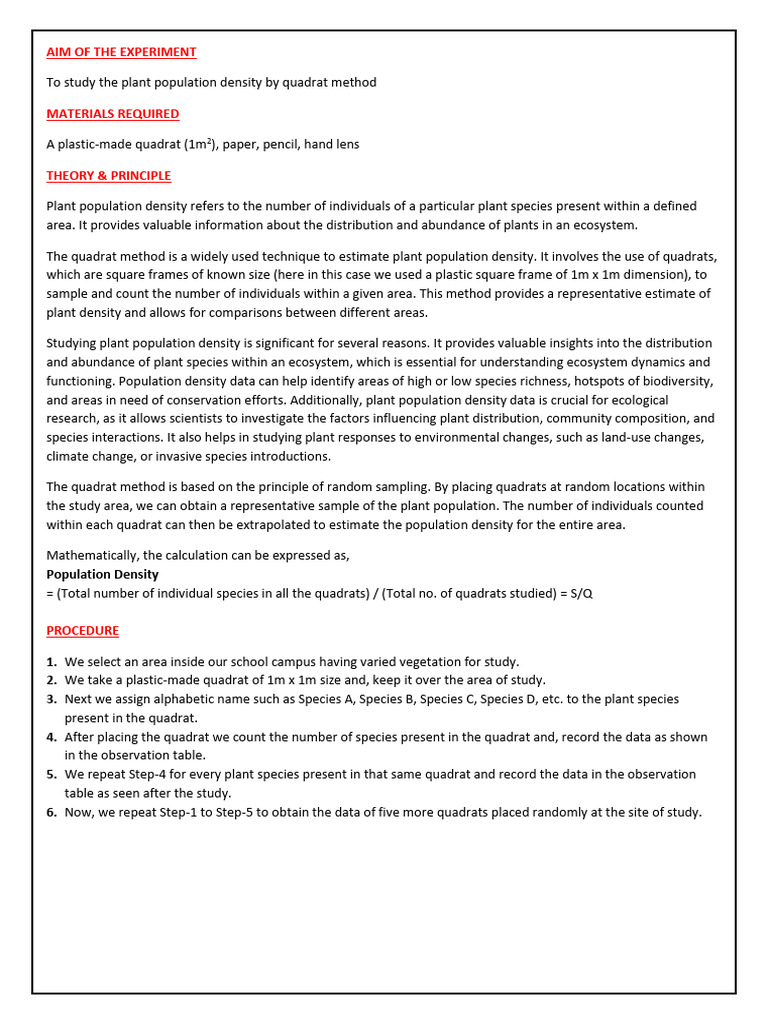 Quadrat Method for Plant Density Study | PDF | Ecosystem | Sampling ...
