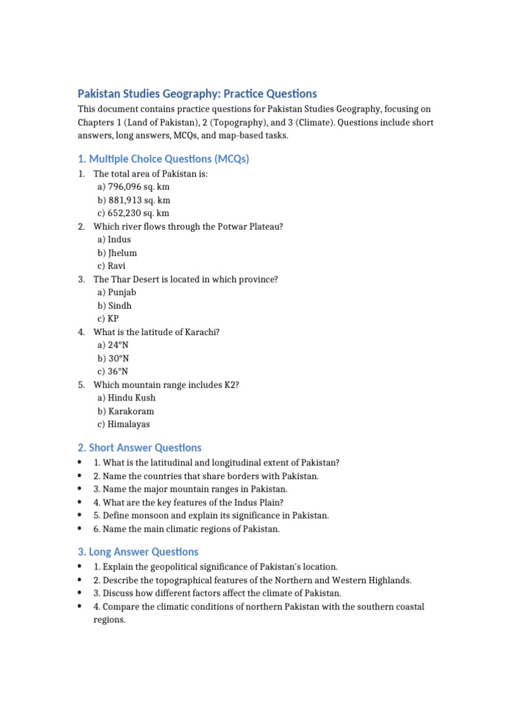 PakStudies PracticeQuestions | PDF