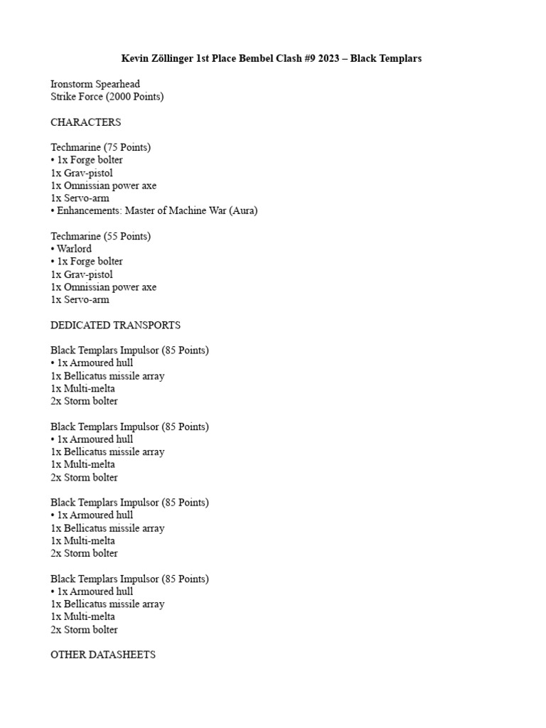 Kevin Zollinger 1st Place Bembel Clash 9 2023 - Black Templars | PDF ...