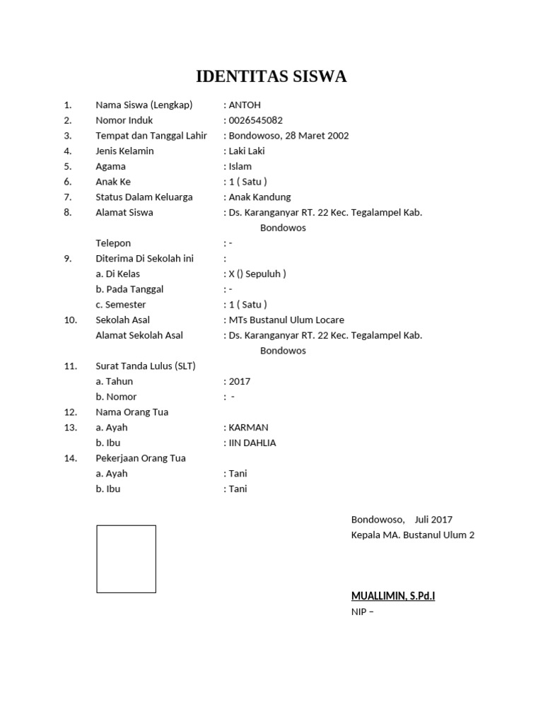 IDENTITAS SISWA 2015 | PDF
