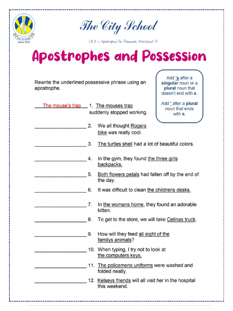 1.6.3 - Apostrophes for Possession Worksheet (1) | PDF