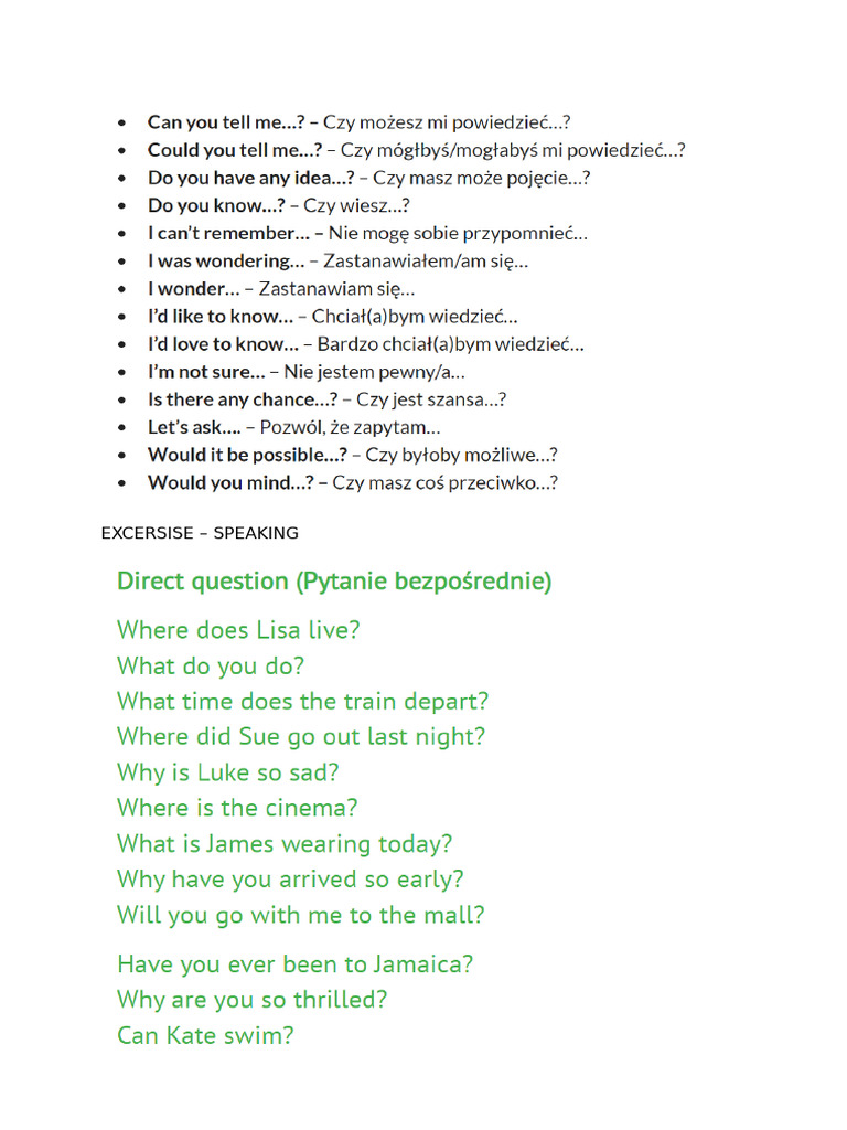 Indirect Questions Cwiczenie Speaking | PDF