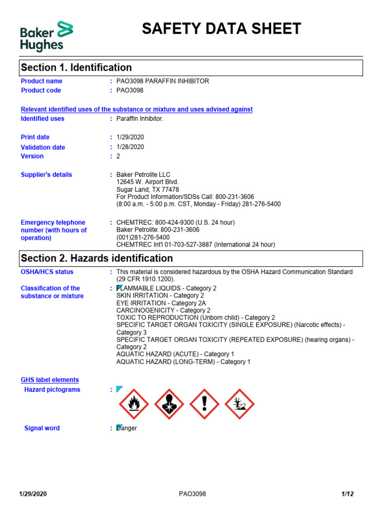 PAO3098 PARAFFIN INHIBITOR | PDF | Toxicity | Occupational Safety And ...