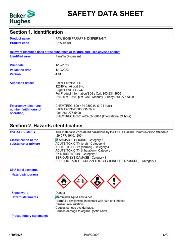 PAW3900B Paraffin Dispersant Safety Data | PDF | Toxicity ...