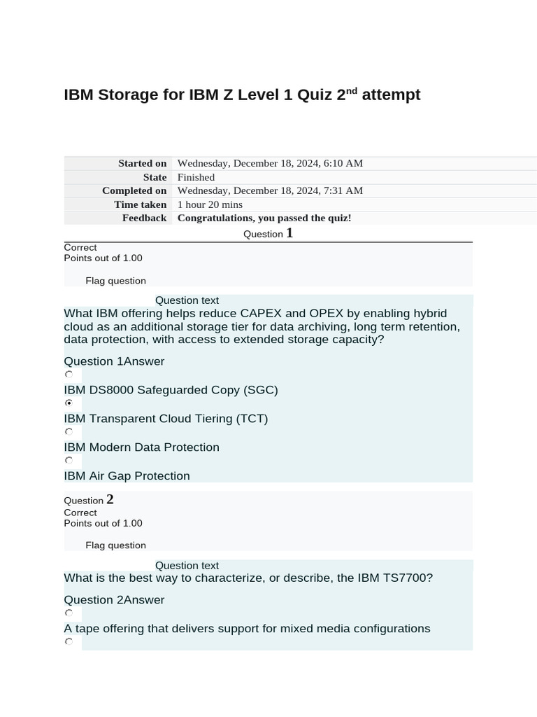 IBM Storage For IBM Z Level 1 Quiz 2nd Attempt | PDF | Cloud Computing ...
