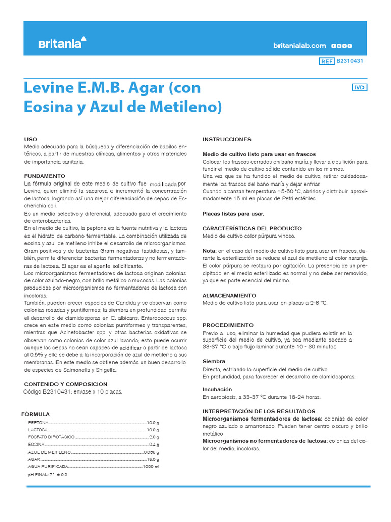 LEvine EMB Agar - Upl - 6170602f9127e | PDF | Microbiología | Biología