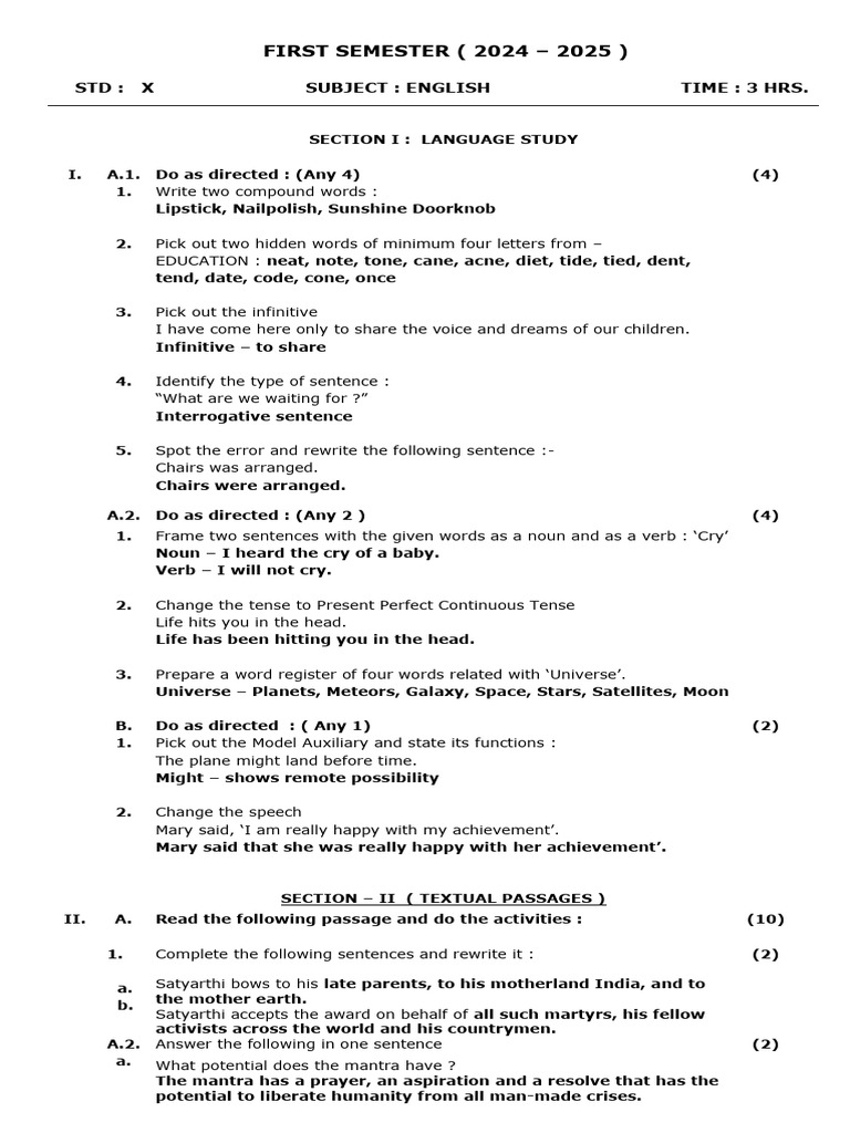 Class 10 Eng PPR Term 1 2024 - 25 | PDF | Poetry | Forests