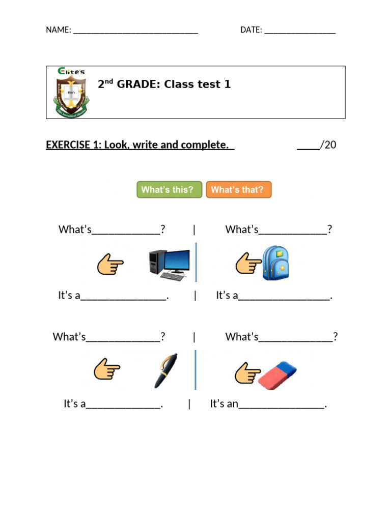 ESL 2nd Grade Test 1 | PDF
