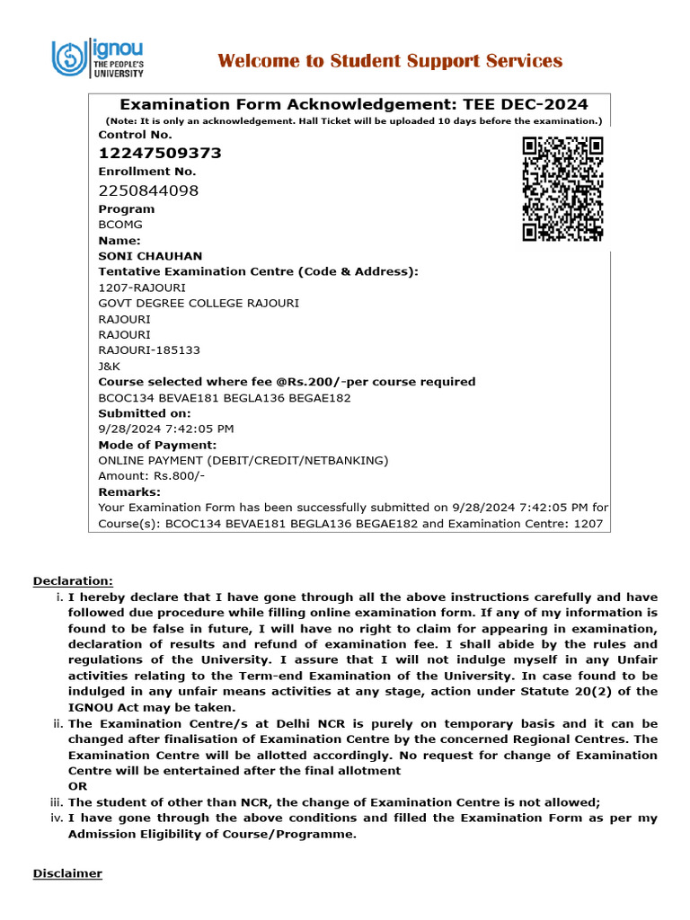 IGNOU - Examination Form Acknowledgement | PDF