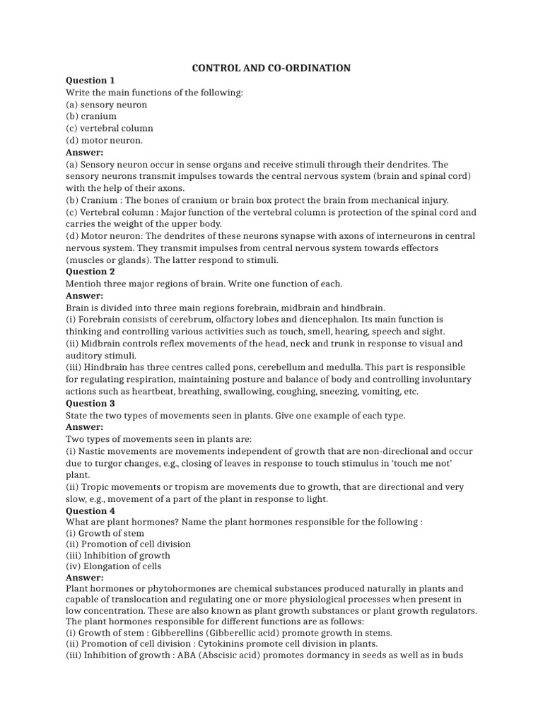 Control and Coordination Notes | PDF | Plant Hormone | Central Nervous ...