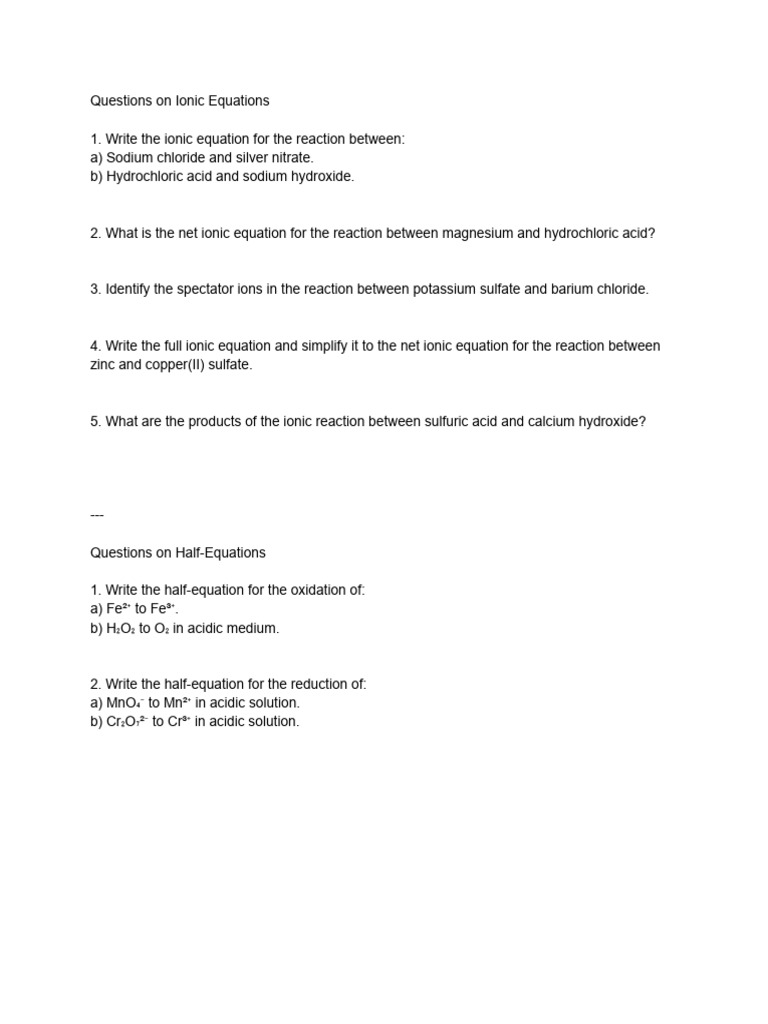 Questions On Ionic Equations and Half Equations | PDF