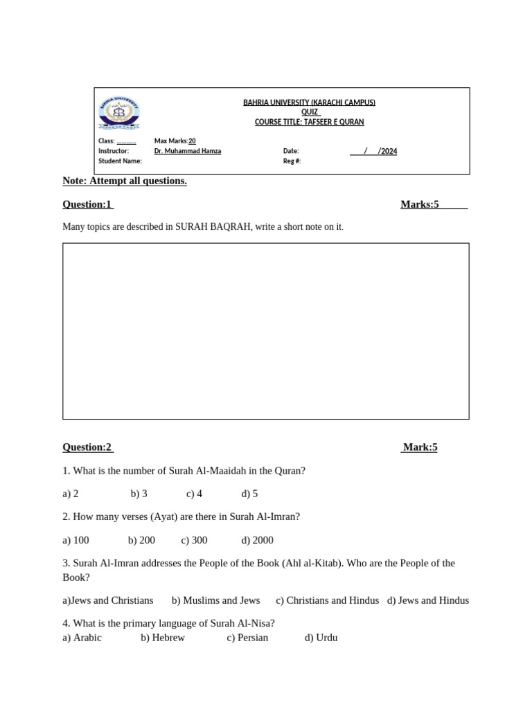 Tafseer e Quran Quiz for Bahria University | PDF