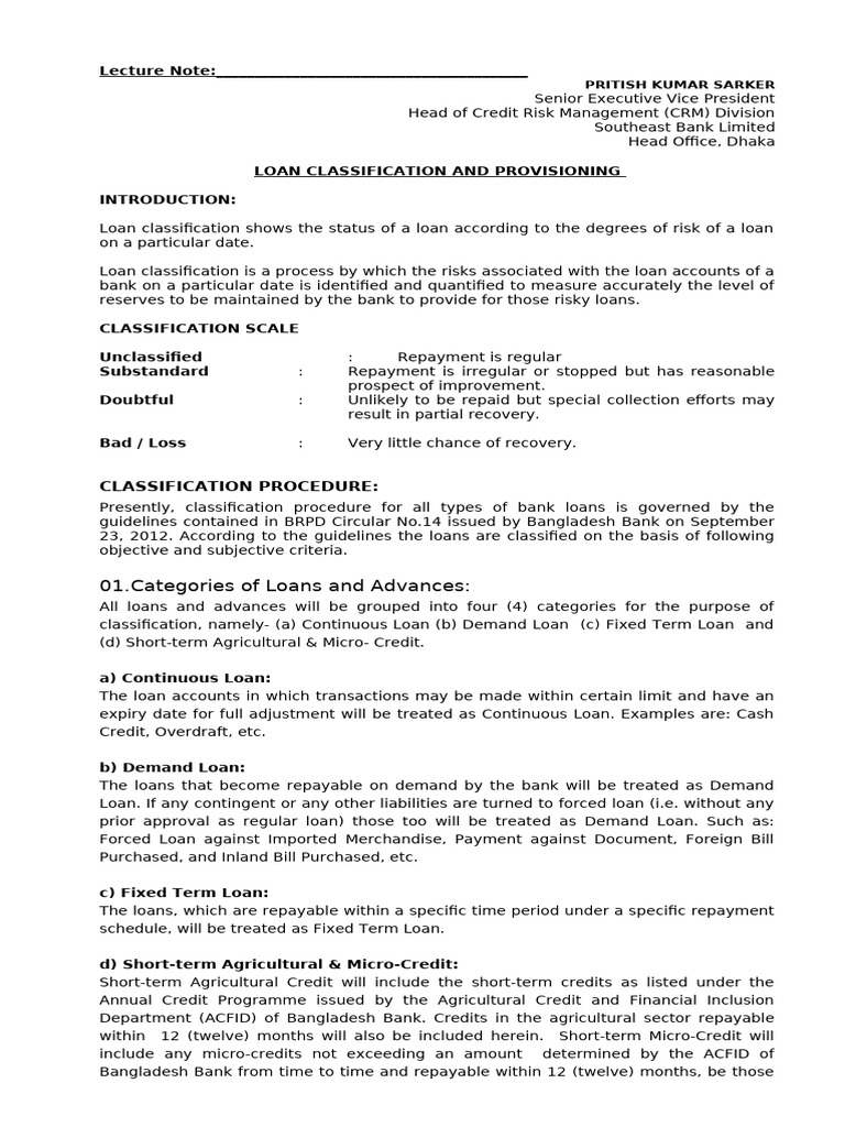 Lecture Sheet On Loan Classification | PDF | Finance & Money Management | Credit