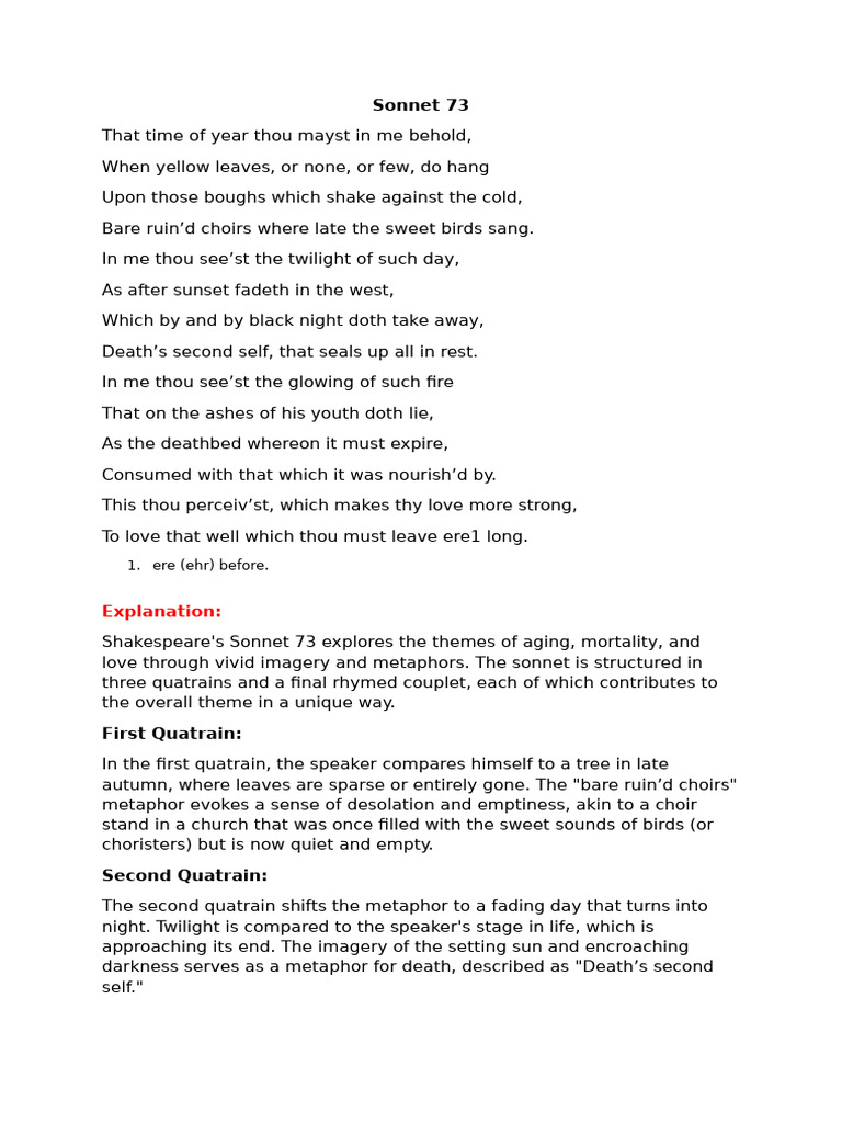 Sonnet 73 Explanation Practice | PDF | Sonnets | Stanzaic Form