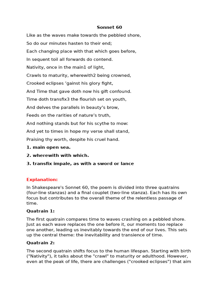 Sonnet 60 Explanation Practice | PDF | Poetry | Sonnets