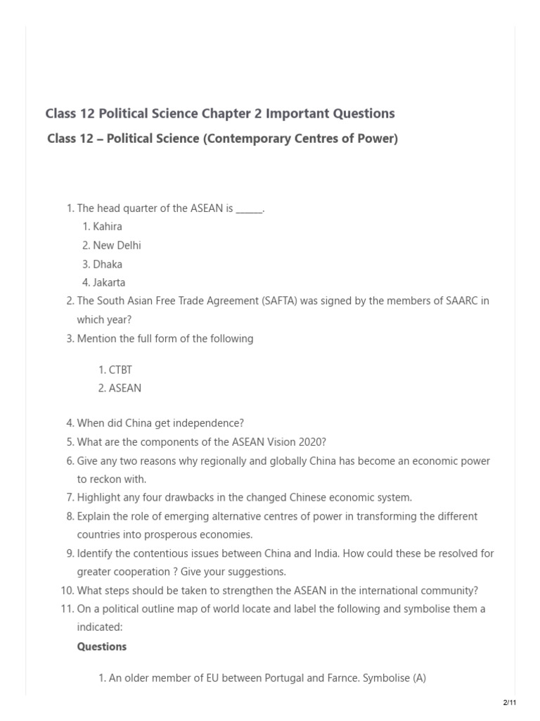 Important Question Class 12 Contemporary World Politics Chapter 2 | PDF ...