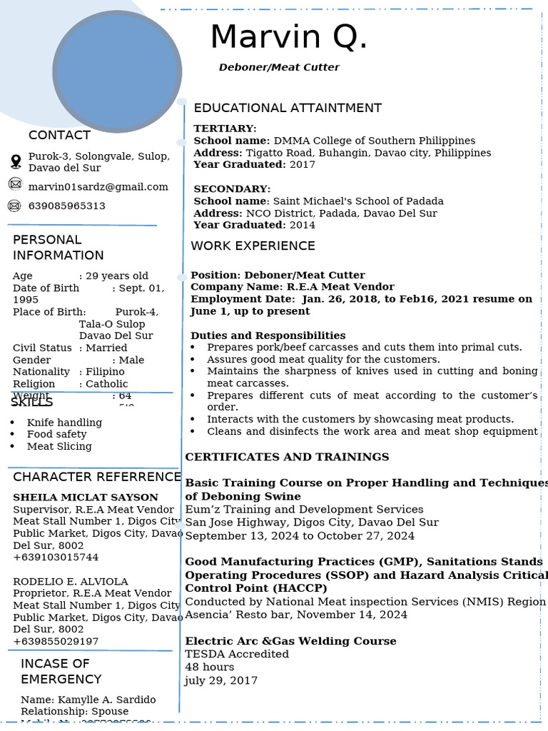 Marvin Sardido CV Butcherr | PDF | Meat | Food Industry